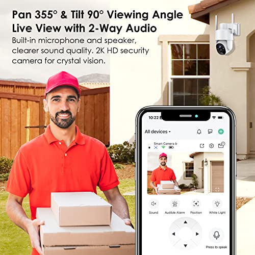 Solar Security Cameras Wireless Outdoor, Pan-Tilt 2K Outdoor Camera Wireless, 3MP Color Night Vision, 2-Way Talk, Motion Detection, Spotlight/Siren, Cloud/SD WiFi 360°PTZ Battery Powered Camera 2-Pack