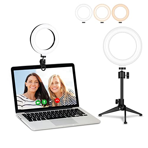 Desk Ring Light for Zoom Meetings - Video Conference Lighting Kit for Laptop Computer, 6” Clip on Table LED Light Lamp with Tripod Stand for Video Recording, Remote Working, Gaming, Vlogging