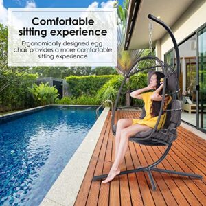 Egg Chair with Stand - Patio Rattan Wicker Hanging Swing Egg Chair Hammock Chair for Indoor Outdoor Bedroom Garden - Aluminum Steel Frame and UV Resistant Cushion 350LBS Capacity (Dark Grey)