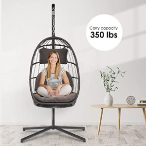 Egg Chair with Stand - Patio Rattan Wicker Hanging Swing Egg Chair Hammock Chair for Indoor Outdoor Bedroom Garden - Aluminum Steel Frame and UV Resistant Cushion 350LBS Capacity (Dark Grey)