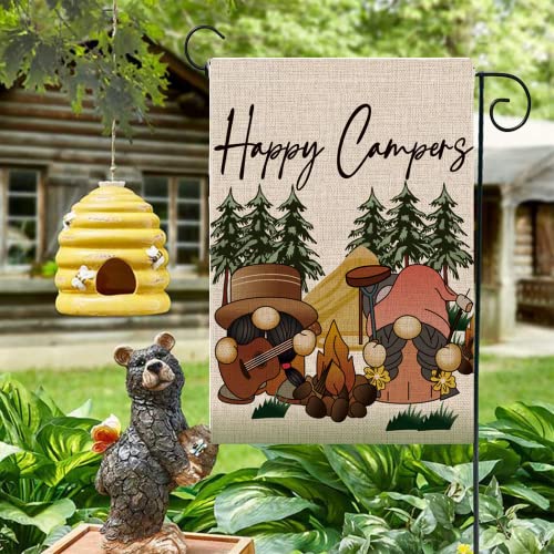 Chengxun Happy Welcome Campers Garden Flag 12x18 Inch Double Sided Gnomes Bonfire Campfire Yard Signs Home Outdoor Decorations Gifts