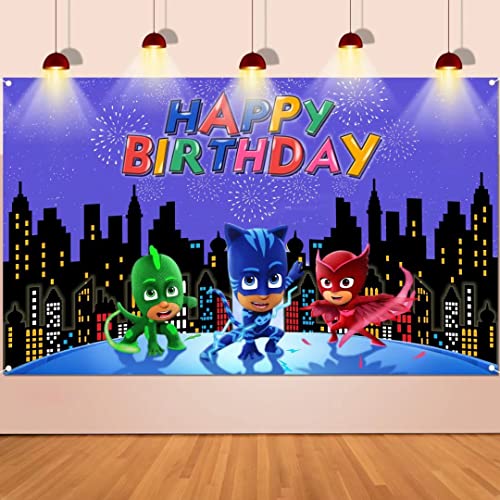 Bnuwue Mask Superhero Party Backdrop - 5x3ft Super City Birthday Backdrop Fireworks Cityscape Mask Party Supplies Backdrop for Baby Shower, Photo Booth Props