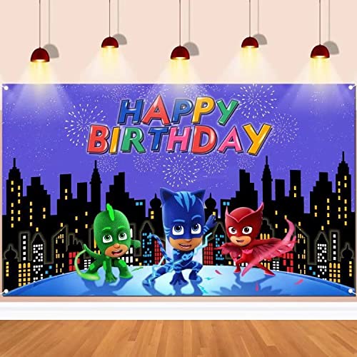 Bnuwue Mask Superhero Party Backdrop - 5x3ft Super City Birthday Backdrop Fireworks Cityscape Mask Party Supplies Backdrop for Baby Shower, Photo Booth Props