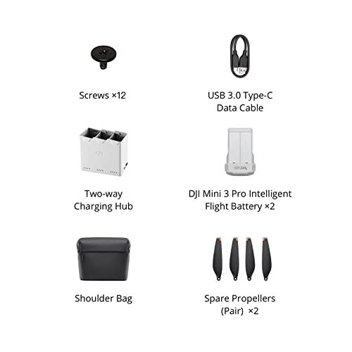 DJI Mini 3 Pro Fly More Kit, Includes Two Intelligent Flight Batteries, a Two-Way Charging Hub, Data Cable, Shoulder Bag, Spare propellers, and Screws ,Black