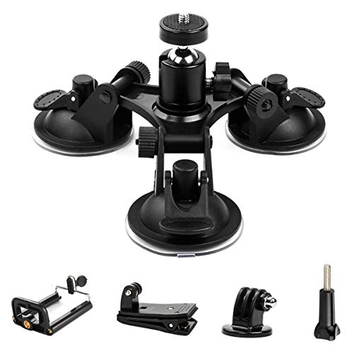 EZESO ESSENTIAL SKINCARE Camera Mount for Car - Camera Suction Mount - Car Mount Triple Suction Cup Mount with 1/4 Threaded Head 360 Degree Tripod Ball Head