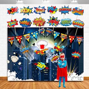 tmcce superhero birthday party backdrop supplies- superhero cityscape photography backdrop, 12 superhero photo booth props for kids superhero birthday party decorations