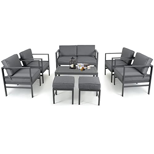 Auzfy Cast Aluminum Outdoor Patio Furniture with Ottomans, All Weather Metal Outdoor Patio Sectional Conversation Furniture Set with Coffee Table, 8pcs Modern Outdoor Steel Seating Furniture Set, Grey