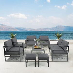 Auzfy Cast Aluminum Outdoor Patio Furniture with Ottomans, All Weather Metal Outdoor Patio Sectional Conversation Furniture Set with Coffee Table, 8pcs Modern Outdoor Steel Seating Furniture Set, Grey