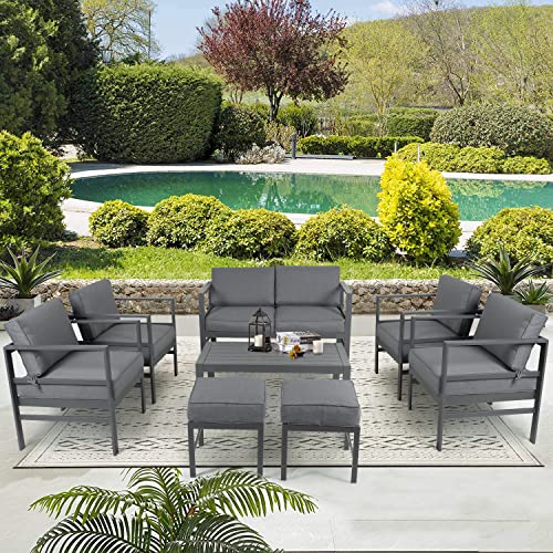 Auzfy Cast Aluminum Outdoor Patio Furniture with Ottomans, All Weather Metal Outdoor Patio Sectional Conversation Furniture Set with Coffee Table, 8pcs Modern Outdoor Steel Seating Furniture Set, Grey