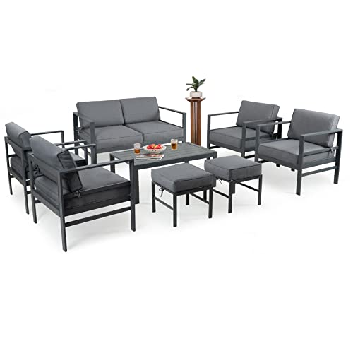 Auzfy Cast Aluminum Outdoor Patio Furniture with Ottomans, All Weather Metal Outdoor Patio Sectional Conversation Furniture Set with Coffee Table, 8pcs Modern Outdoor Steel Seating Furniture Set, Grey