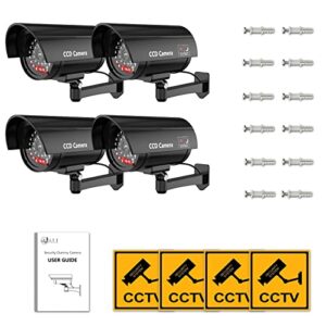 WALI Bullet Dummy Fake Surveillance Security CCTV Dome Camera Indoor Outdoor 1 Flashing LED Light and Security Alert Sticker Decals (Wl-B1-4), Black, 4 Pack