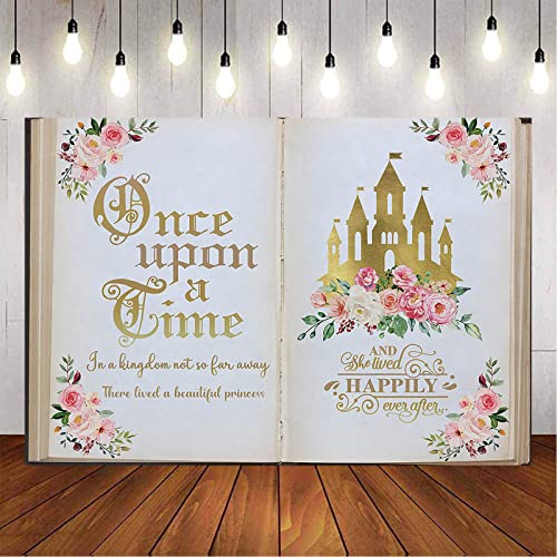 Aumeko Once Upon a Time Backdrop Pink Floral Gold Castle Princess Fairytale Birthday Party Decoration Girls First Birthday Party Photobooth Backdrop Supplies Cake Table Decorations