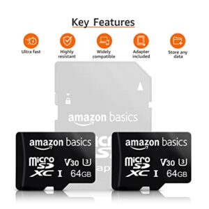 Amazon Basics microSDXC Memory Card with Full Size Adapter, A2, U3, Read Speed up to 100 MB/s, 64 GB - Pack of 2