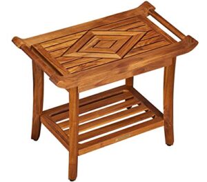 luxury teak shower bench stool seat chair with leveling feet, waterproof, teak oil finish, large, 25x19x14, for bathroom, spa, sauna, pool deck, patio, garden, rv, from our diamond collection