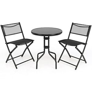 Custpromo Patio Bistro Set, Reinforced Glass Top and Rust-Proof Steel Frame, 3 Piece Foldable Garden Table and Chairs, Black