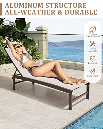 Patio Aluminum Chaise Lounge Chair, VredHom 2PCS Outdoor Recliner Lounge Chair with Waterproof Chaise Covers, Sun Loungers with 5 Adjustable Backrest and Lay Flat Positions for Garden, Balcony, Pool