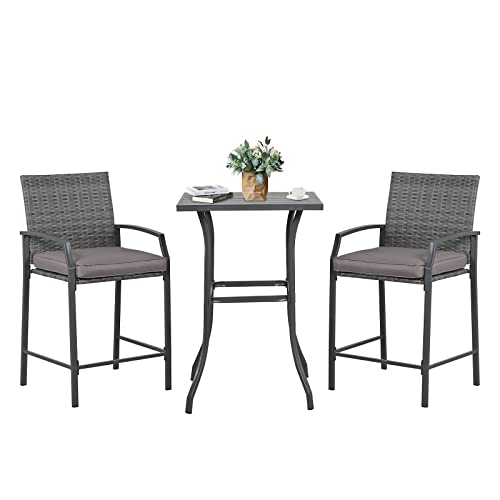 Verano Garden 3 Pieces Patio Bar Set, All Weather Outdoor Bistro Set, High Top Patio Table with Wooden Look Top and Chairs with Soft Cushion for Patio, Backyard, Porch, Garden or Poolside