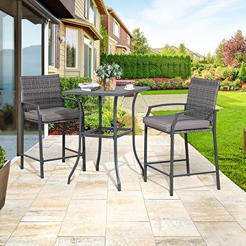 Verano Garden 3 Pieces Patio Bar Set, All Weather Outdoor Bistro Set, High Top Patio Table with Wooden Look Top and Chairs with Soft Cushion for Patio, Backyard, Porch, Garden or Poolside