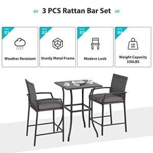 Verano Garden 3 Pieces Patio Bar Set, All Weather Outdoor Bistro Set, High Top Patio Table with Wooden Look Top and Chairs with Soft Cushion for Patio, Backyard, Porch, Garden or Poolside