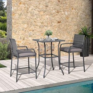 Verano Garden 3 Pieces Patio Bar Set, All Weather Outdoor Bistro Set, High Top Patio Table with Wooden Look Top and Chairs with Soft Cushion for Patio, Backyard, Porch, Garden or Poolside