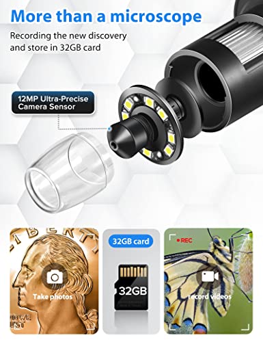 7'' Digital Microscope 1200X,Dcorn 12MP 1080P Photo/Video Microscope with 32GB TF Card for Adults Soldering Coins,Metal Stand,Wired Remote,10 LED Fill Lights,PC View,Windows/Mac Compatible