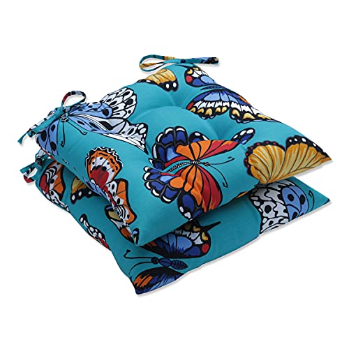 Pillow Perfect Outdoor/Indoor Butterfly Garden Turquoise Tufted Seat Cushions (Square Back), 2 Count (Pack of 1), Blue