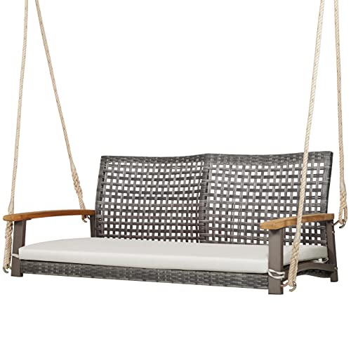 Tangkula 2-Person Outdoor Porch Swing with 118" Hanging Ropes, Patiojoy PE Wicker Patio Hanging Swing Bench with Soft Seat Cushion & 800 Lbs Weight Capacity, Suitable for Patio, Garden (Off White)