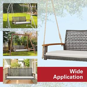 Tangkula 2-Person Outdoor Porch Swing with 118" Hanging Ropes, Patiojoy PE Wicker Patio Hanging Swing Bench with Soft Seat Cushion & 800 Lbs Weight Capacity, Suitable for Patio, Garden (Off White)