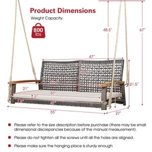 Tangkula 2-Person Outdoor Porch Swing with 118" Hanging Ropes, Patiojoy PE Wicker Patio Hanging Swing Bench with Soft Seat Cushion & 800 Lbs Weight Capacity, Suitable for Patio, Garden (Off White)