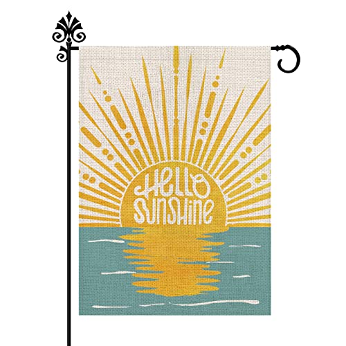 Hello Sunshine Garden Flag Sunset Over Sea Double Sided Vertical Summer Yard Outdoor Decoration 12×18 Inch (Size for Garden-12.5'' x 18'')