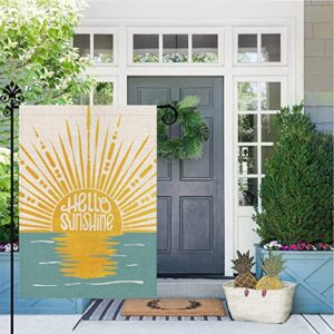 Hello Sunshine Garden Flag Sunset Over Sea Double Sided Vertical Summer Yard Outdoor Decoration 12×18 Inch (Size for Garden-12.5'' x 18'')