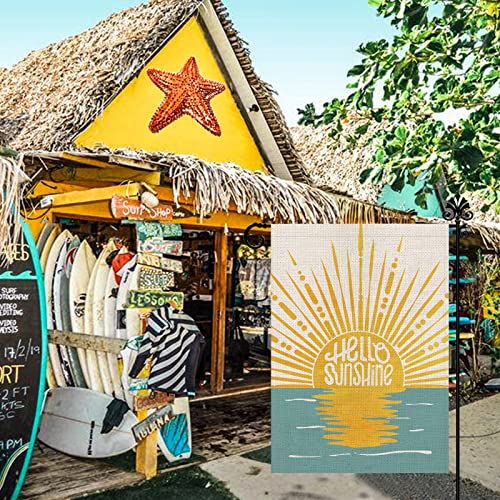 Hello Sunshine Garden Flag Sunset Over Sea Double Sided Vertical Summer Yard Outdoor Decoration 12×18 Inch (Size for Garden-12.5'' x 18'')