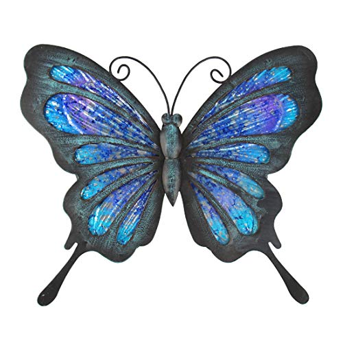 HONGLAND Metal Butterfly Wall Decor Glass Outdoor Wall Art Sculpture Hanging Garden Decorations Blue for Home Garden