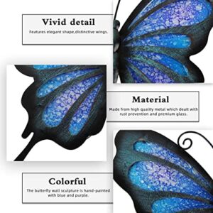 HONGLAND Metal Butterfly Wall Decor Glass Outdoor Wall Art Sculpture Hanging Garden Decorations Blue for Home Garden