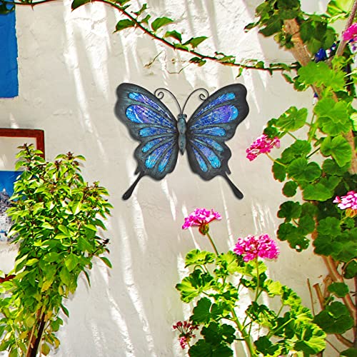 HONGLAND Metal Butterfly Wall Decor Glass Outdoor Wall Art Sculpture Hanging Garden Decorations Blue for Home Garden