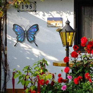 HONGLAND Metal Butterfly Wall Decor Glass Outdoor Wall Art Sculpture Hanging Garden Decorations Blue for Home Garden