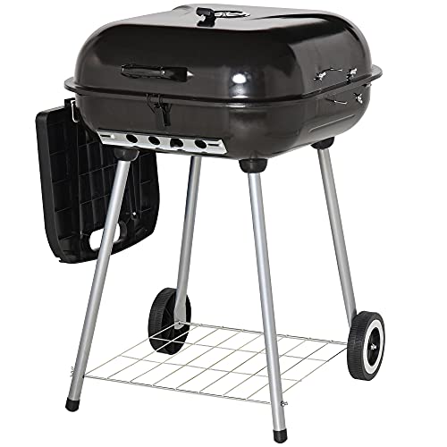 Outsunny 38'' Steel Charocal Grill with Portable Wheel, Side Tray and Lower Shelf for Outdoor BBQ for Garden, Backyard, Poolside