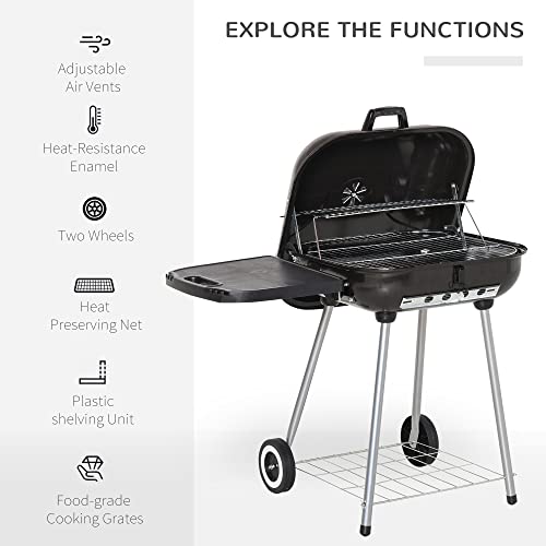 Outsunny 38'' Steel Charocal Grill with Portable Wheel, Side Tray and Lower Shelf for Outdoor BBQ for Garden, Backyard, Poolside