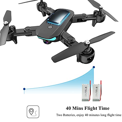 WiFi FPV Drone with 1080P HD Camera, Zuhafa ,40 Mins Flight Time,Foldable Drone for Beginners,Altitude Hold Mode, RTF One Key Take Off/Landing,3D Flips 2 Batteries, APP Control, Easy Toy for Kids & Adults