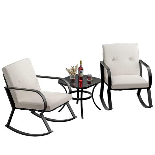 Greesum 3 Pieces Patio Furniture Sets, Outdoor Conversation Rocking Chairs with Soft Cushions and Glass Coffee Table for Balcony, Porch, Yard, Beige