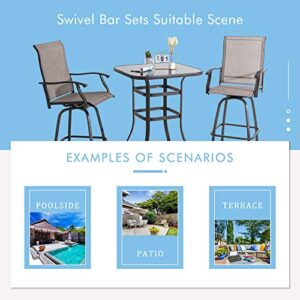 Shintenchi 3 Pieces Patio Swivel Bar Set, All Weather Textile Fabric Outdoor High Bar Stool Bistro Set with 2 Bar Chairs and Glass Table for Home, Backyard, Garden, Lawn, Porch (Brown)