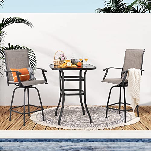 Shintenchi 3 Pieces Patio Swivel Bar Set, All Weather Textile Fabric Outdoor High Bar Stool Bistro Set with 2 Bar Chairs and Glass Table for Home, Backyard, Garden, Lawn, Porch (Brown)