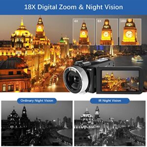 MISIOU Video Camera Camcorder, 4K 48MP 60FPS IR Night Version Vlogging Camera 18X Zoom WiFi Digital Camera YouTube Recorder Camera with Microphone, 2.4G Remote Control, Lens Hood