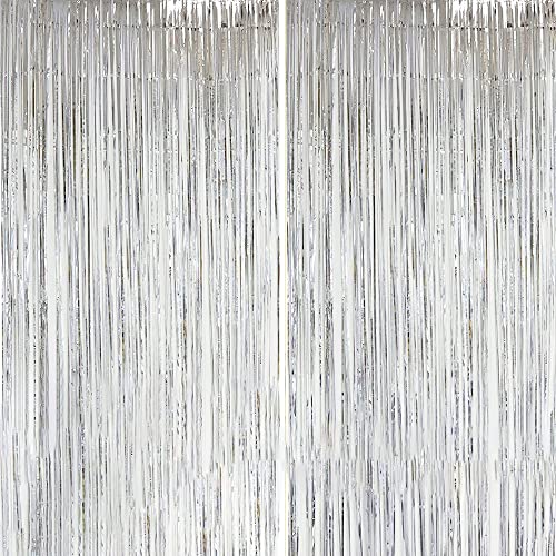 Dazzle Bright Backdrop Curtain, 3FT x 8FT Metallic Tinsel Foil Fringe Curtains Photo Booth Background for Baby Shower Party Birthday Wedding Engagement Bridal Shower (2, Silver)