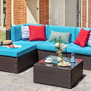 Vongrasig 5 Piece Patio Furniture Sets, All-Weather Brown PE Wicker Outdoor Couch Sectional Patio Set, Small Patio Conversation Set Garden Patio Sofa Set w/Ottoman, Glass Table, Blue