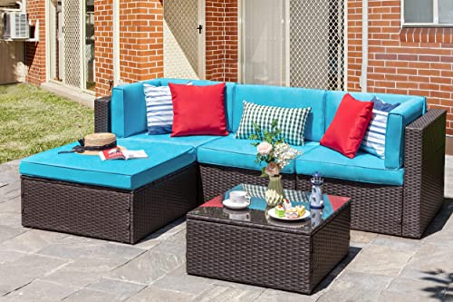 Vongrasig 5 Piece Patio Furniture Sets, All-Weather Brown PE Wicker Outdoor Couch Sectional Patio Set, Small Patio Conversation Set Garden Patio Sofa Set w/Ottoman, Glass Table, Blue