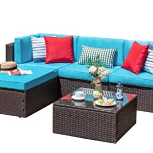 Vongrasig 5 Piece Patio Furniture Sets, All-Weather Brown PE Wicker Outdoor Couch Sectional Patio Set, Small Patio Conversation Set Garden Patio Sofa Set w/Ottoman, Glass Table, Blue