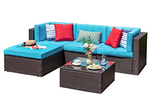 Vongrasig 5 Piece Patio Furniture Sets, All-Weather Brown PE Wicker Outdoor Couch Sectional Patio Set, Small Patio Conversation Set Garden Patio Sofa Set w/Ottoman, Glass Table, Blue