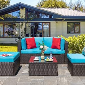 Vongrasig 5 Piece Patio Furniture Sets, All-Weather Brown PE Wicker Outdoor Couch Sectional Patio Set, Small Patio Conversation Set Garden Patio Sofa Set w/Ottoman, Glass Table, Blue