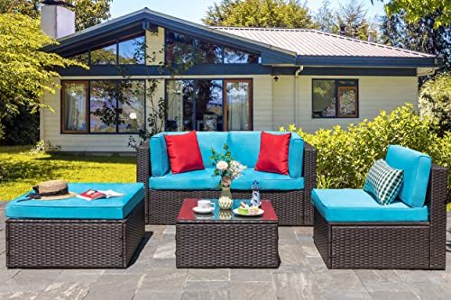 Vongrasig 5 Piece Patio Furniture Sets, All-Weather Brown PE Wicker Outdoor Couch Sectional Patio Set, Small Patio Conversation Set Garden Patio Sofa Set w/Ottoman, Glass Table, Blue